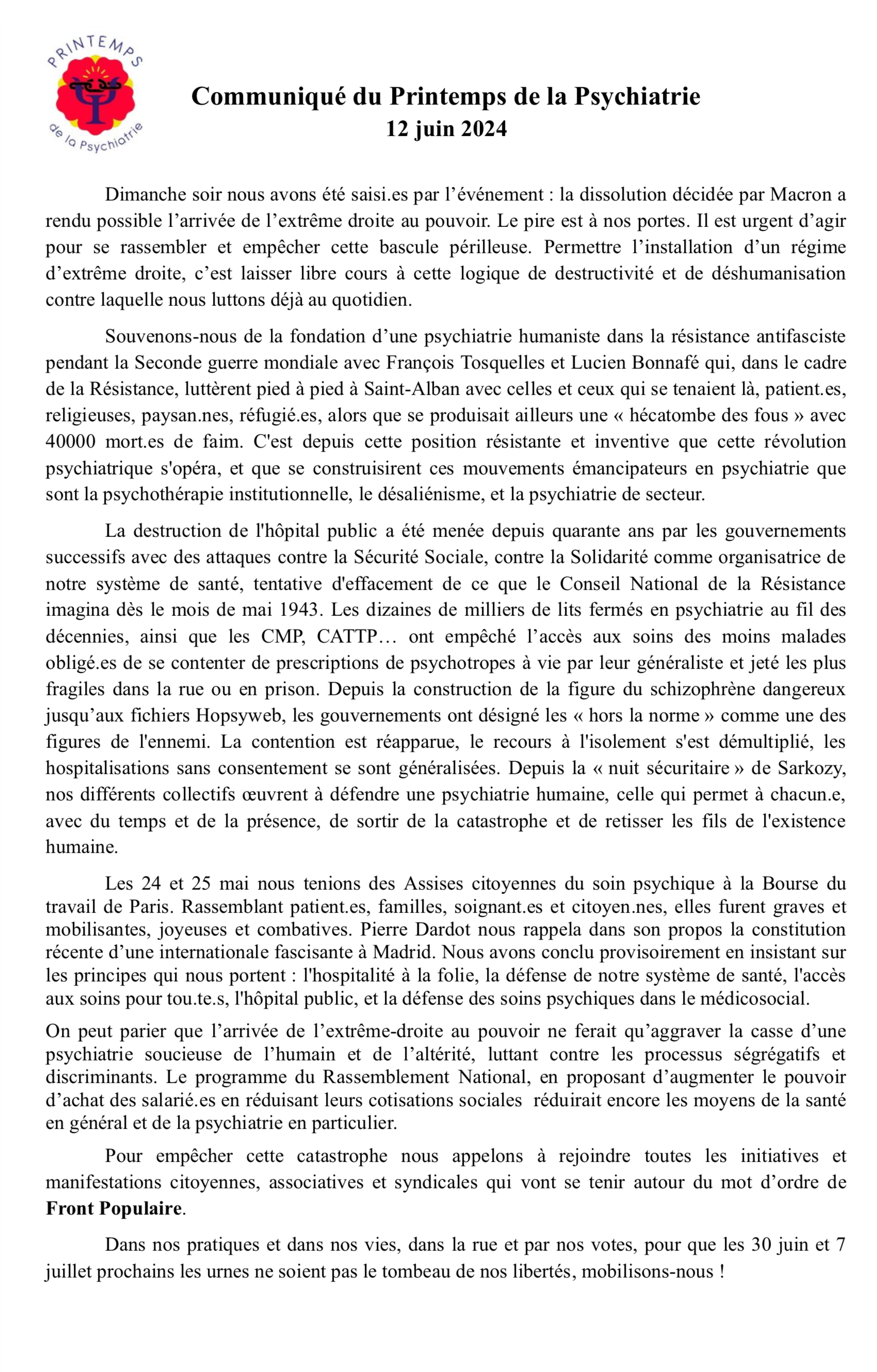 Communiqué du 12 juin 2024 pour un Front populaire – Printemps de la ...